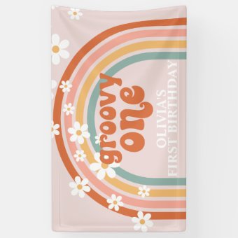 Groovy One Retro Rainbow Daisy Birthday Banner | Zazzle