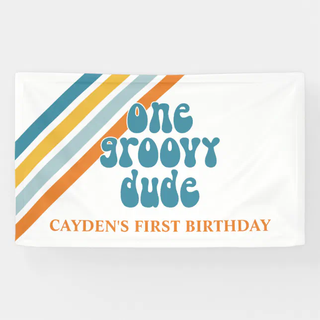 Groovy One Retro Stripes Boy birthday Banner | Zazzle