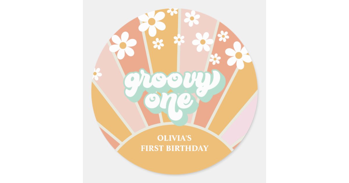 Groovy One Retro Sunshine daisy boho Classic Round Sticker | Zazzle