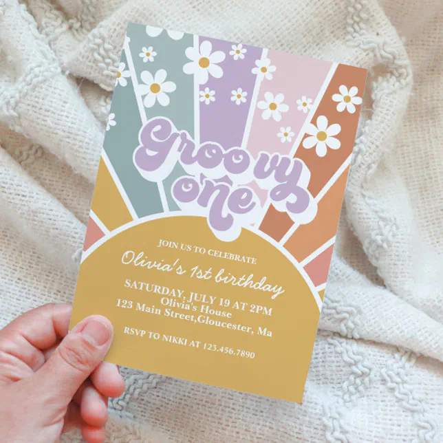Groovy One Retro Sunshine Rainbow Daisy Invitation | Zazzle