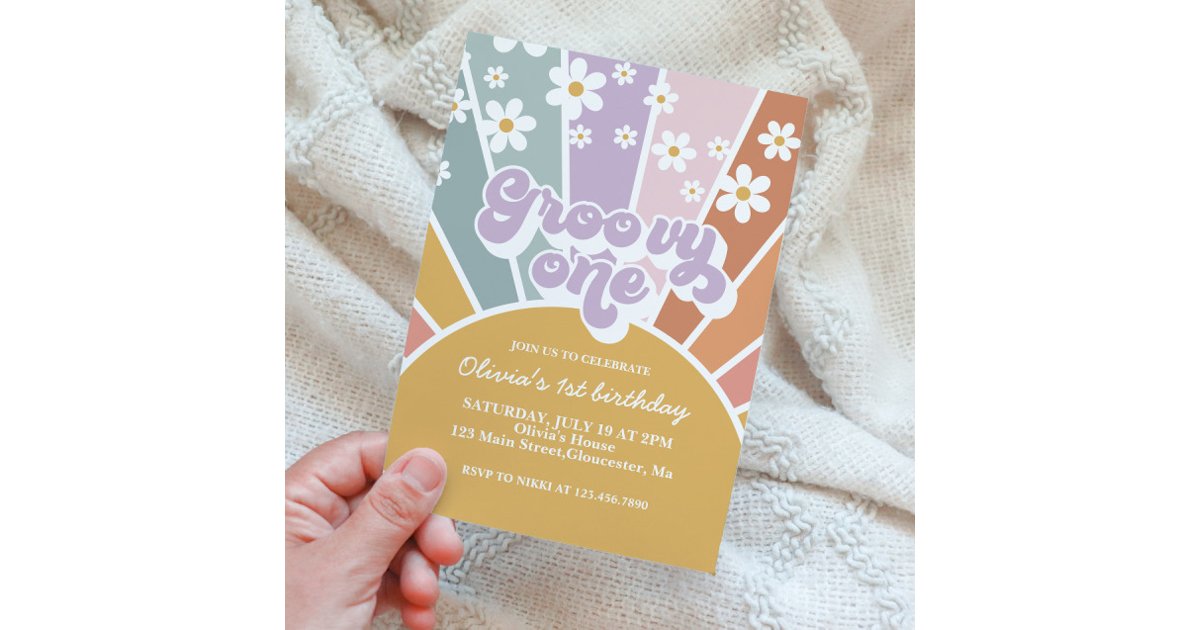 Groovy One Retro Sunshine Rainbow Daisy Invitation | Zazzle