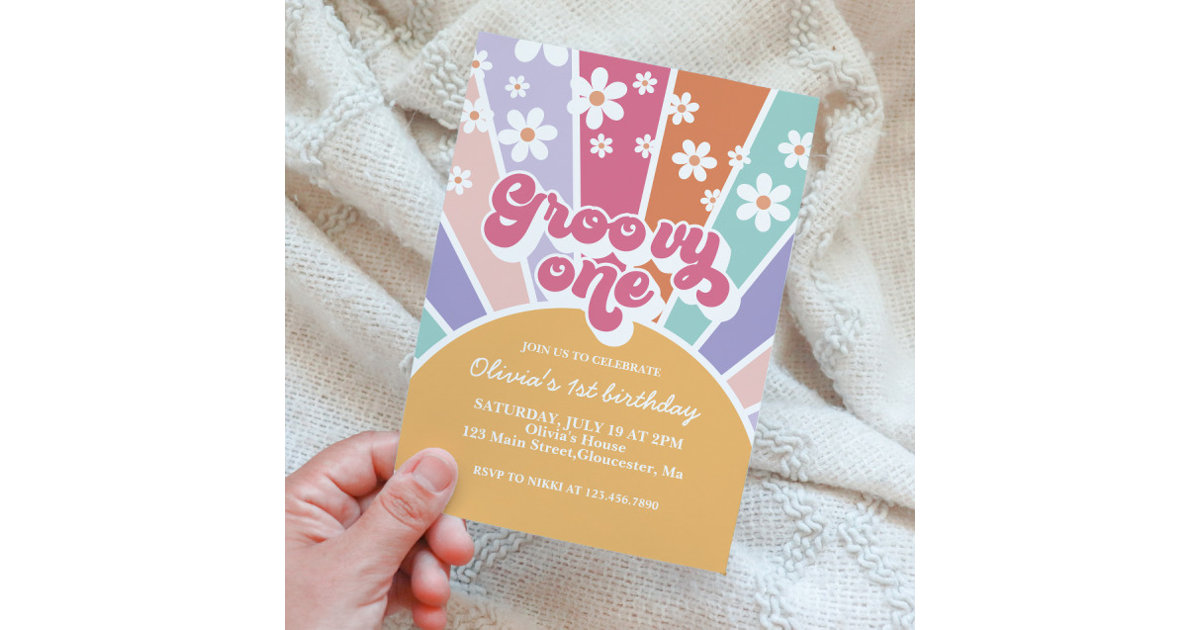 Groovy One Sunshine Rainbow Daisy Invitation | Zazzle