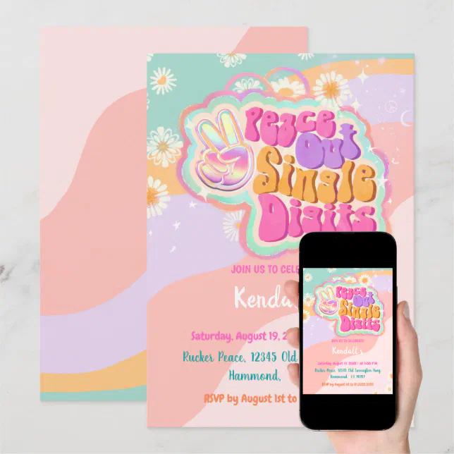 Groovy Peace Out Single Digits 10th Invitation | Zazzle