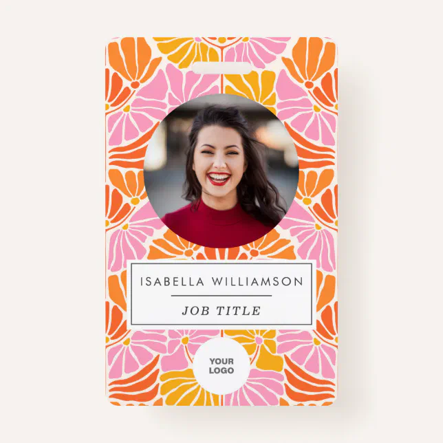 Groovy Pink Boho Floral Unique Employee Photo ID Badge | Zazzle