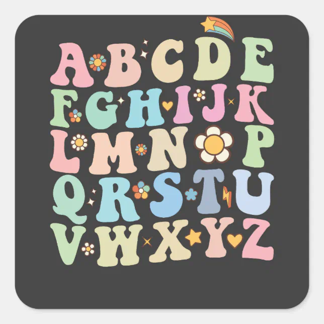 Groovy Pre K Kindergarten Alphabet ABC Retro Square Sticker | Zazzle
