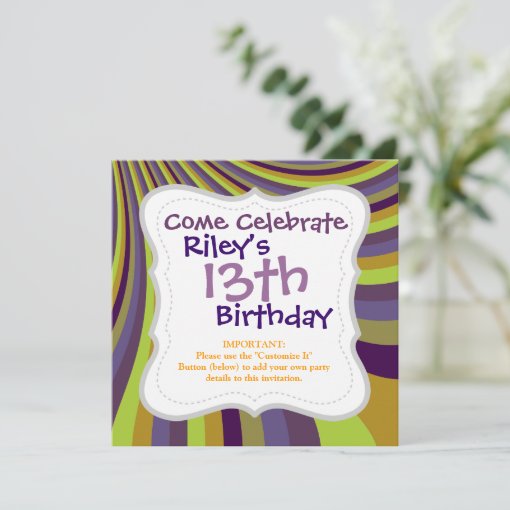 Groovy Purple and Green Rainbow Slide Stripes Patt Invitation | Zazzle