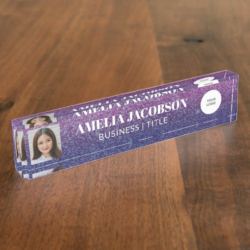Groovy Purple Glitter Custom Photo and Logo Desk Name Plate | Zazzle