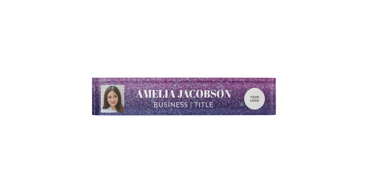 Groovy Purple Glitter Custom Photo and Logo Desk Name Plate | Zazzle