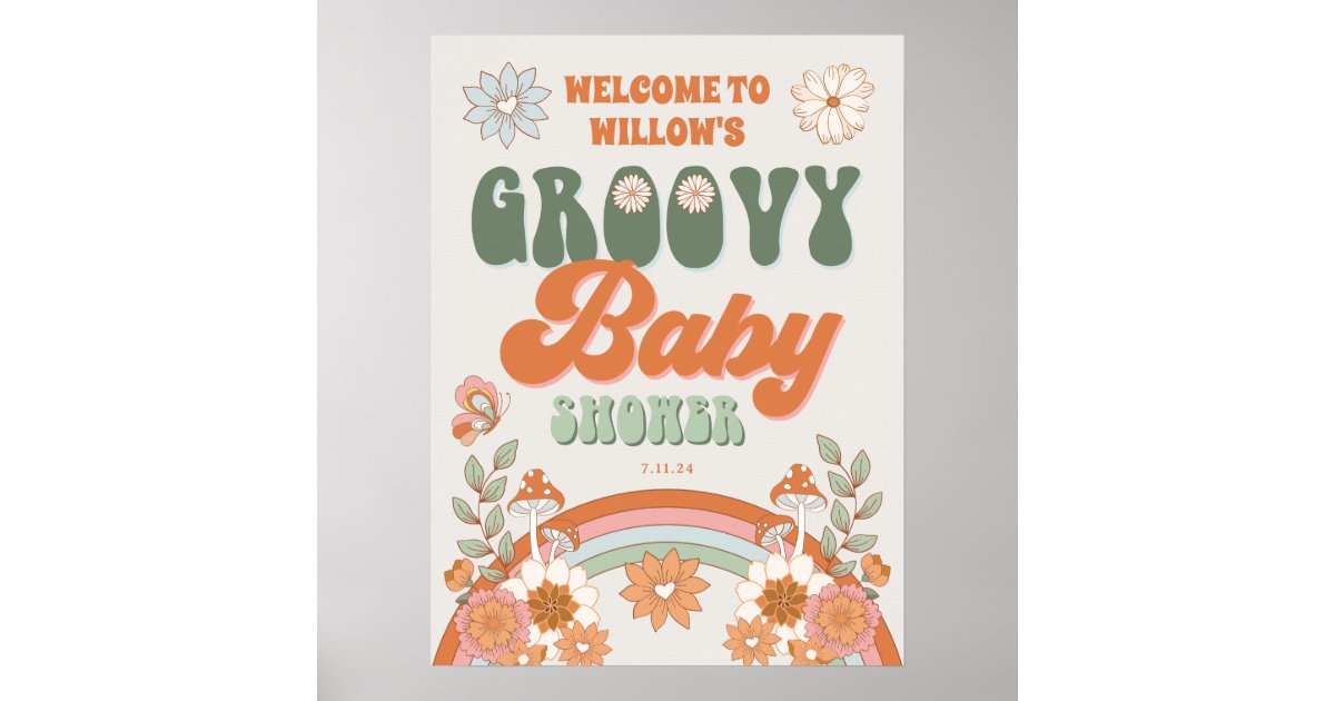 Groovy Rainbow Hippie Baby Shower Welcome Poster | Zazzle