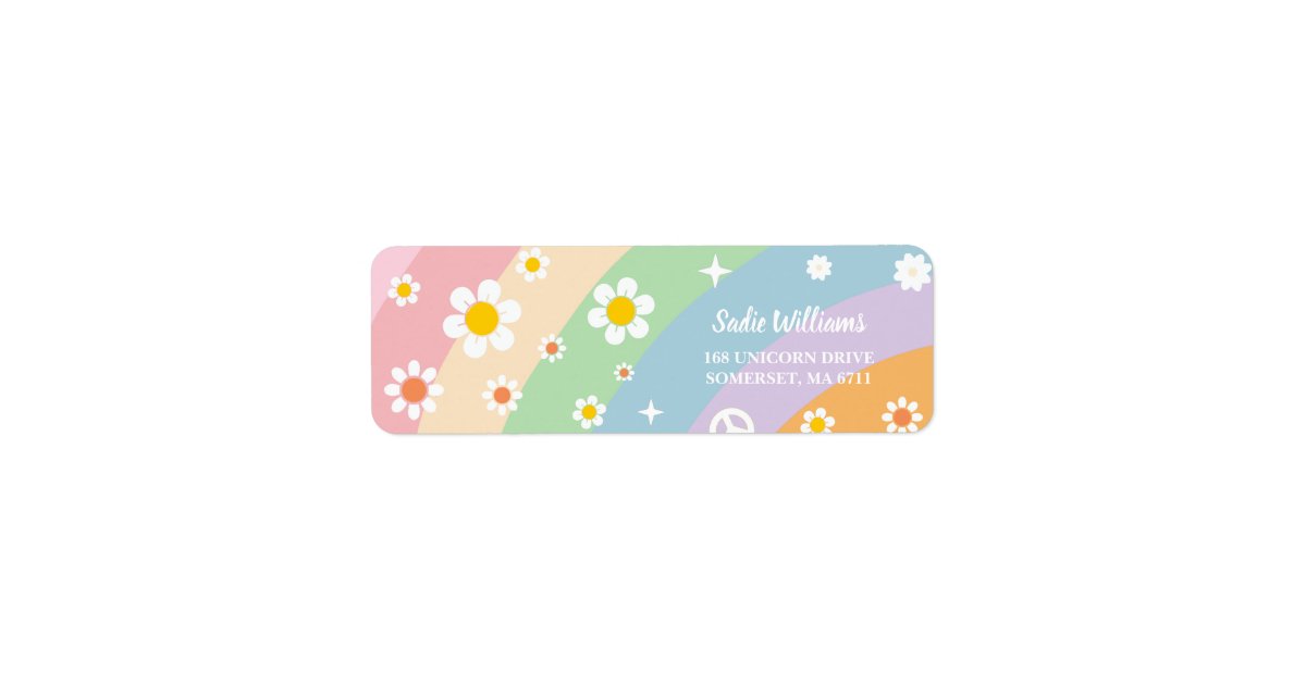 Groovy Rainbow Retro Daisy Birthday Party Label | Zazzle