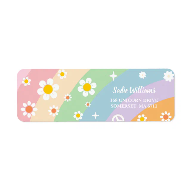 Groovy Rainbow Retro Daisy Birthday Party Label | Zazzle