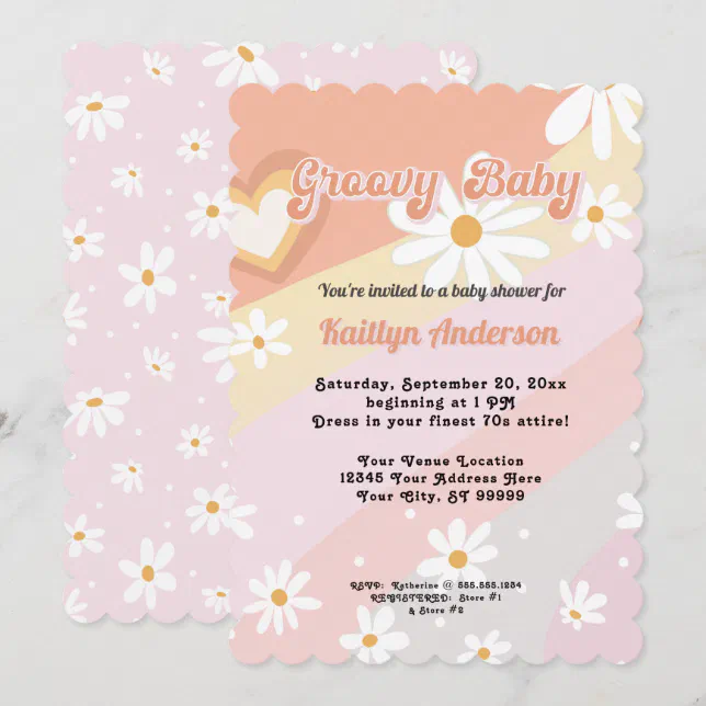 Groovy Retro 70s Daisy Peach Girl Baby Shower Invitation | Zazzle