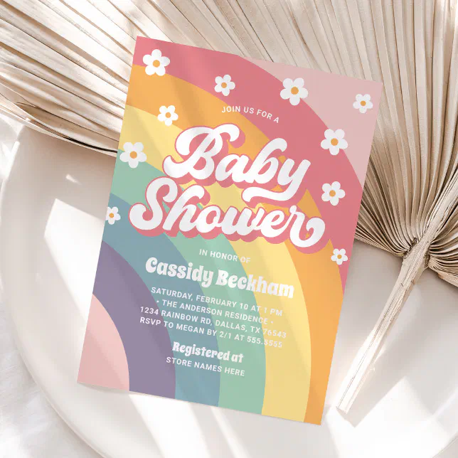 Groovy Retro 70s Rainbow Baby Shower Invitation | Zazzle