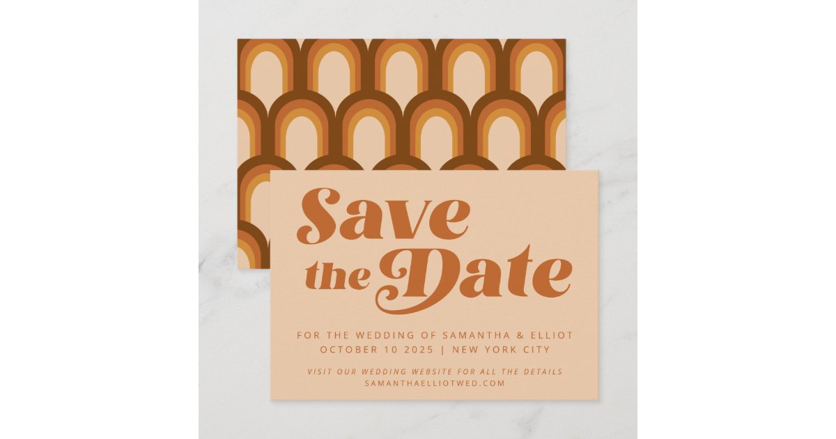 Groovy Retro 70s Typography Rainbow Pattern Brown Save The Date | Zazzle