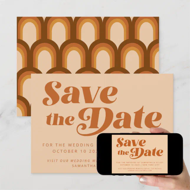 Groovy Retro 70s Typography Rainbow Pattern Brown Save The Date | Zazzle