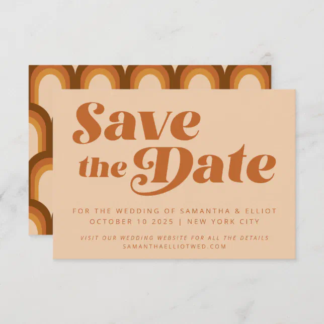 Groovy Retro 70s Typography Rainbow Pattern Brown Save The Date | Zazzle