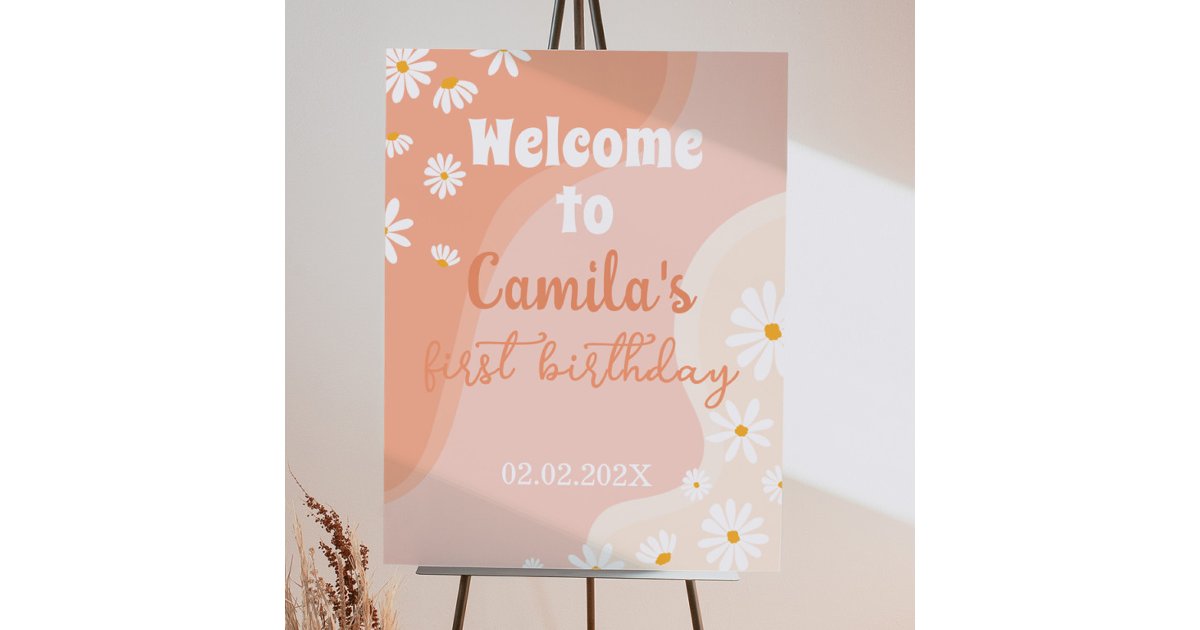 Groovy Retro Boho Daisy Birthday Welcome Sign | Zazzle