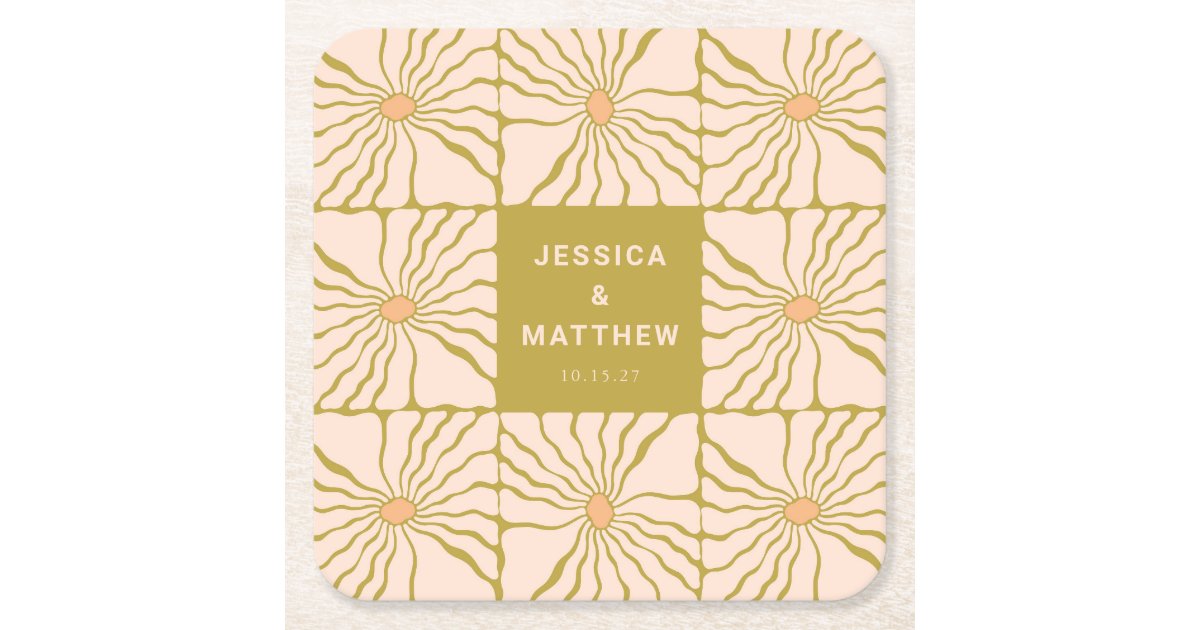 Groovy Retro Chartreuse Botanical Custom Wedding Square Paper Coaster ...