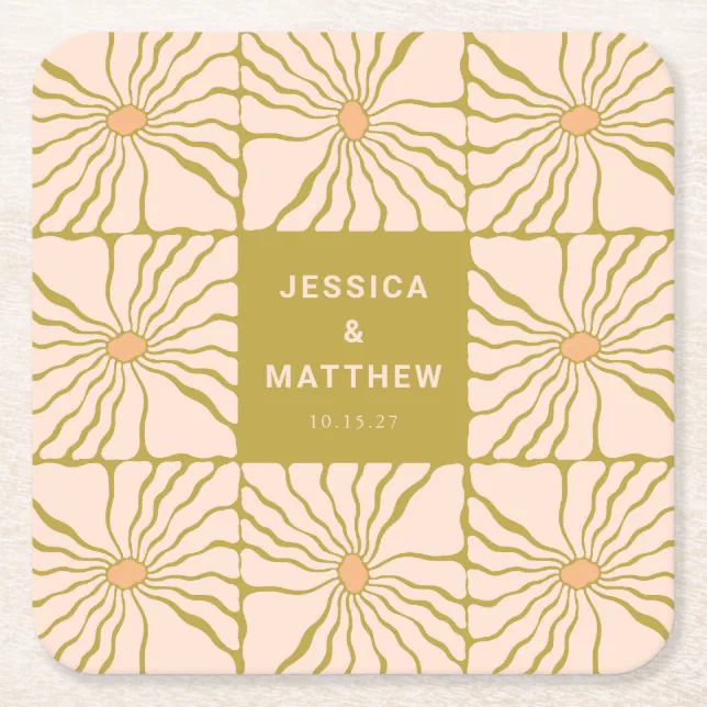 Groovy Retro Chartreuse Botanical Custom Wedding Square Paper Coaster ...