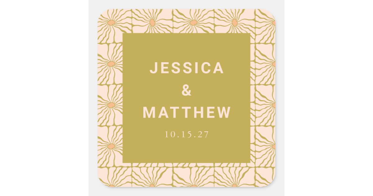 Groovy Retro Chartreuse Botanical Custom Wedding Square Sticker | Zazzle