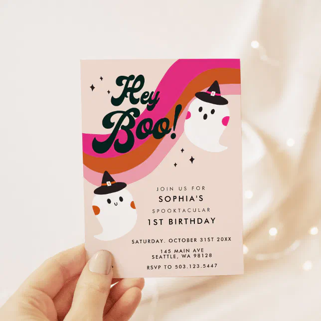 Groovy Retro Cute Ghost Hey Boo 1st Birthday Invitation | Zazzle