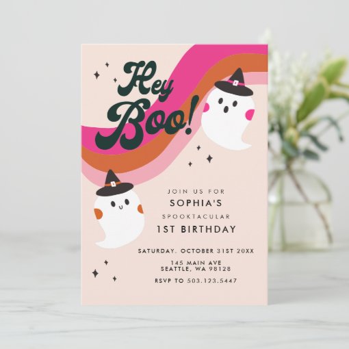 Groovy Retro Cute Ghost Hey Boo 1st Birthday Invitation | Zazzle