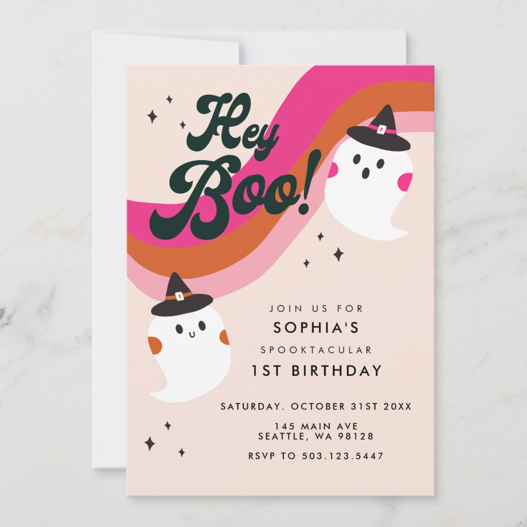 Groovy Retro Cute Ghost Hey Boo 1st Birthday Invitation | Zazzle