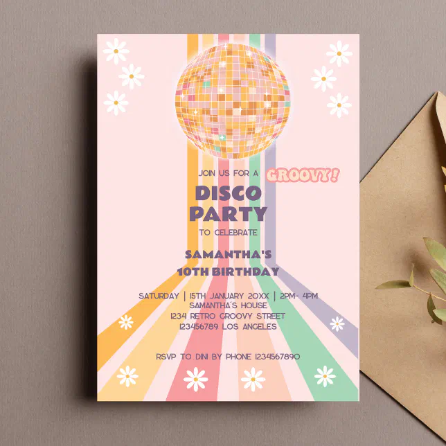 Groovy Retro Daisy Disco Birthday Invitation | Zazzle