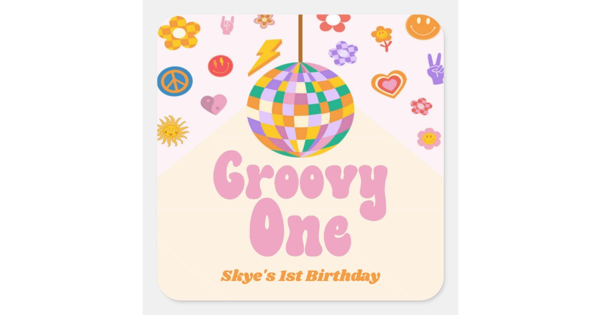 Groovy Retro Disco Ball 1st Birthday Party Favor Square Sticker | Zazzle