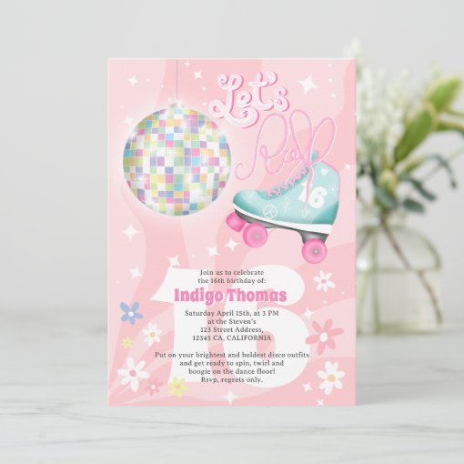 Groovy retro disco floral roller skate Sweet 16 Invitation | Zazzle