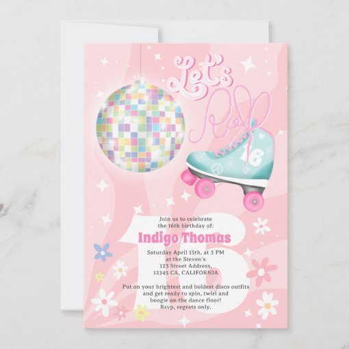 Groovy retro disco floral roller skate Sweet 16 Invitation | Zazzle