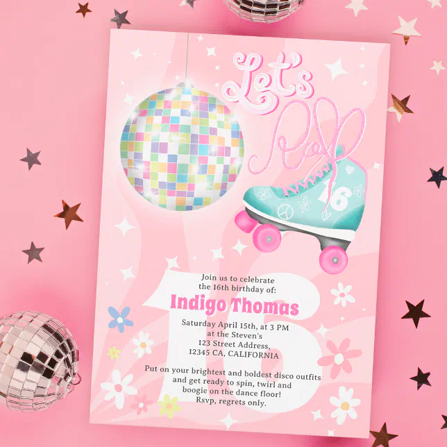 Groovy retro disco floral roller skate Sweet 16 Invitation | Zazzle