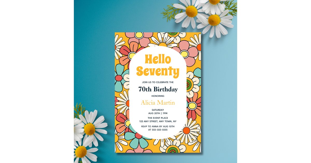 Groovy Retro Hippie Flower Hello Seventy Birthday Invitation | Zazzle
