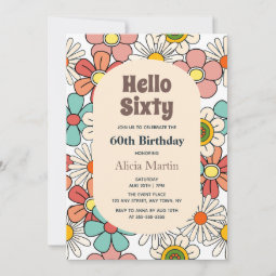 Groovy Retro Hippie Flower Hello Sixty Birthday Invitation | Zazzle