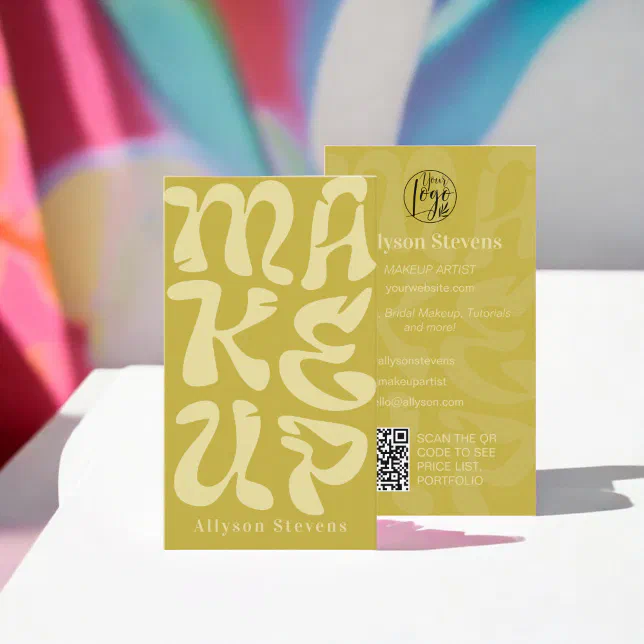 Groovy retro lime green logo qr code Makeup Business Card | Zazzle