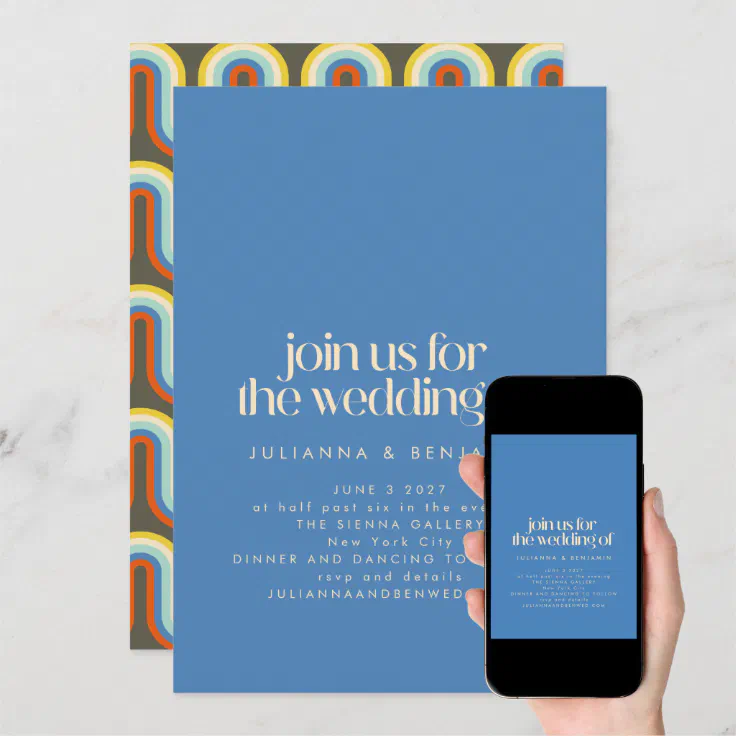 Groovy Retro Mod 70s Blue and Olive Green Wedding Invitation | Zazzle