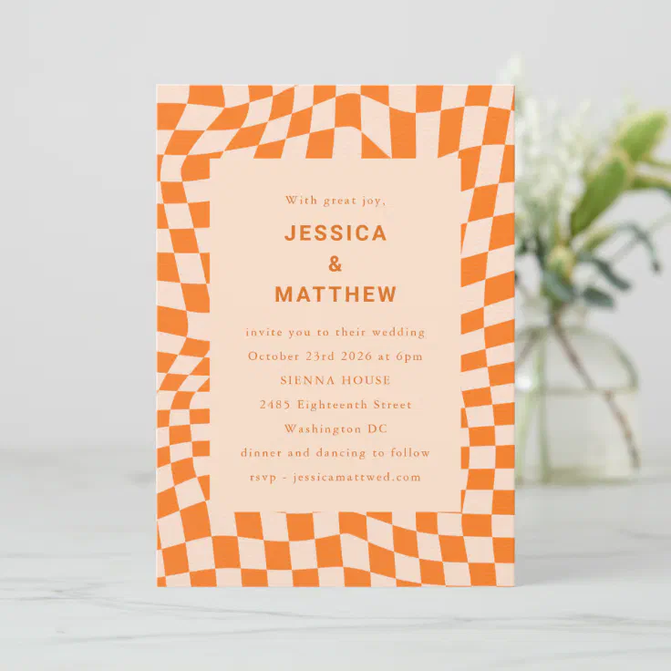 Groovy Retro Orange Abstract Checkerboard Wedding Invitation | Zazzle