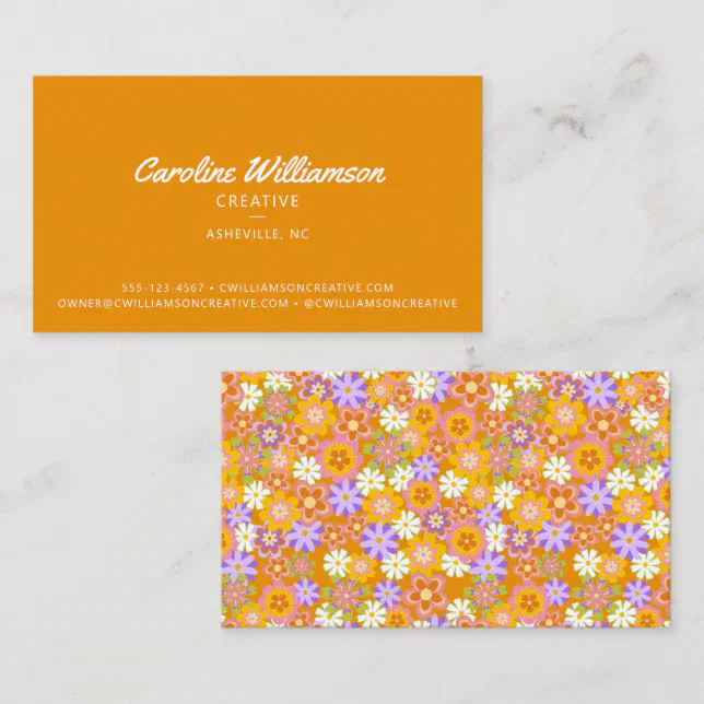 Groovy Retro Orange Botanical Flowers Trendy Business Card | Zazzle