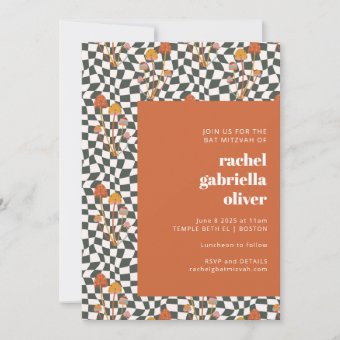 Groovy Retro Orange Green Checkerboard Bat Mitzvah Invitation | Zazzle