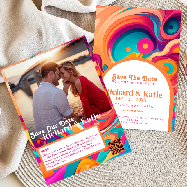 Groovy Retro Orange pink abstract save the date Invitation | Zazzle