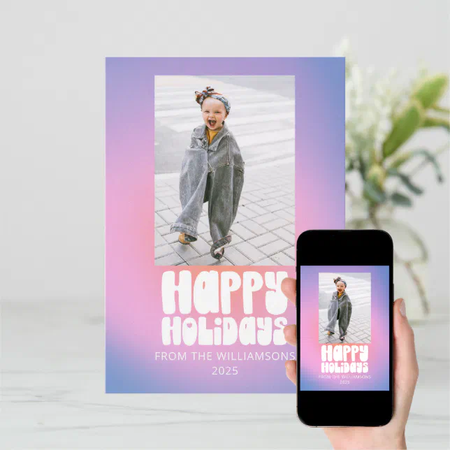 Groovy Retro Pastel Two Photo Happy Holiday Card | Zazzle