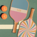 Groovy Retro Pattern Pink Blue Aesthetic Monogram Pickleball Paddle ...