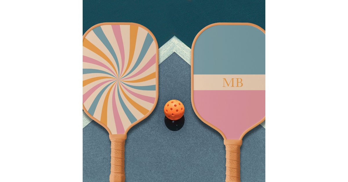 Groovy Retro Pattern Pink Blue Aesthetic Monogram Pickleball Paddle ...
