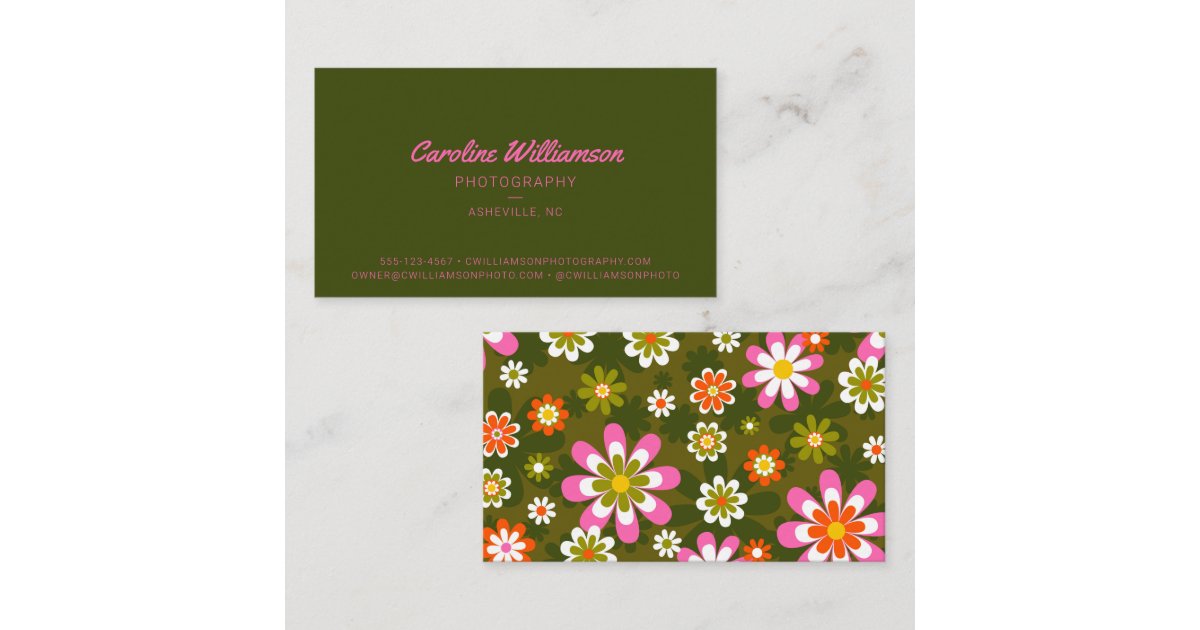 Groovy Retro Pink and Green Botanical Trendy Business Card | Zazzle