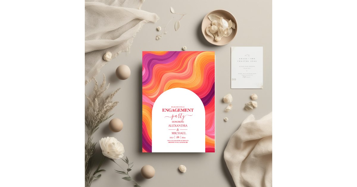Groovy Retro Pink and Orange Arch Engagement Invitation | Zazzle