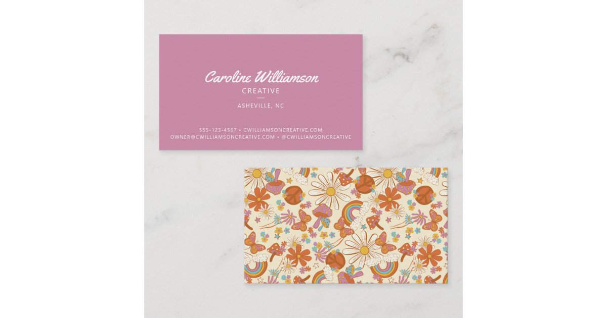 Groovy Retro Purple Peace Flowers Trendy Business Card | Zazzle
