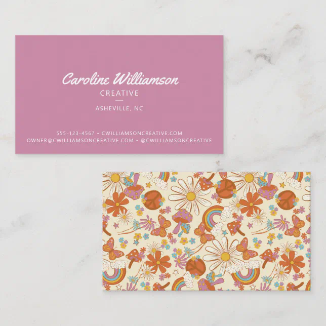 Groovy Retro Purple Peace Flowers Trendy Business Card | Zazzle