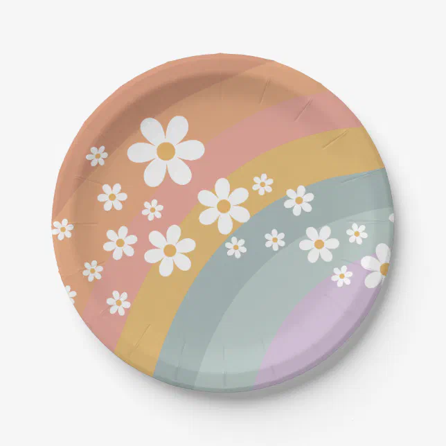 Groovy Retro Rainbow and Daisy Paper Plate | Zazzle