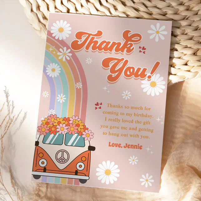 Groovy Retro Rainbow Birthday Thank You Card | Zazzle