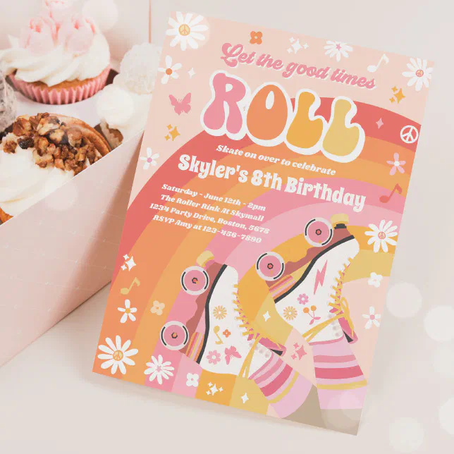 Groovy Retro Rainbow Roller Skating Birthday Party Invitation | Zazzle